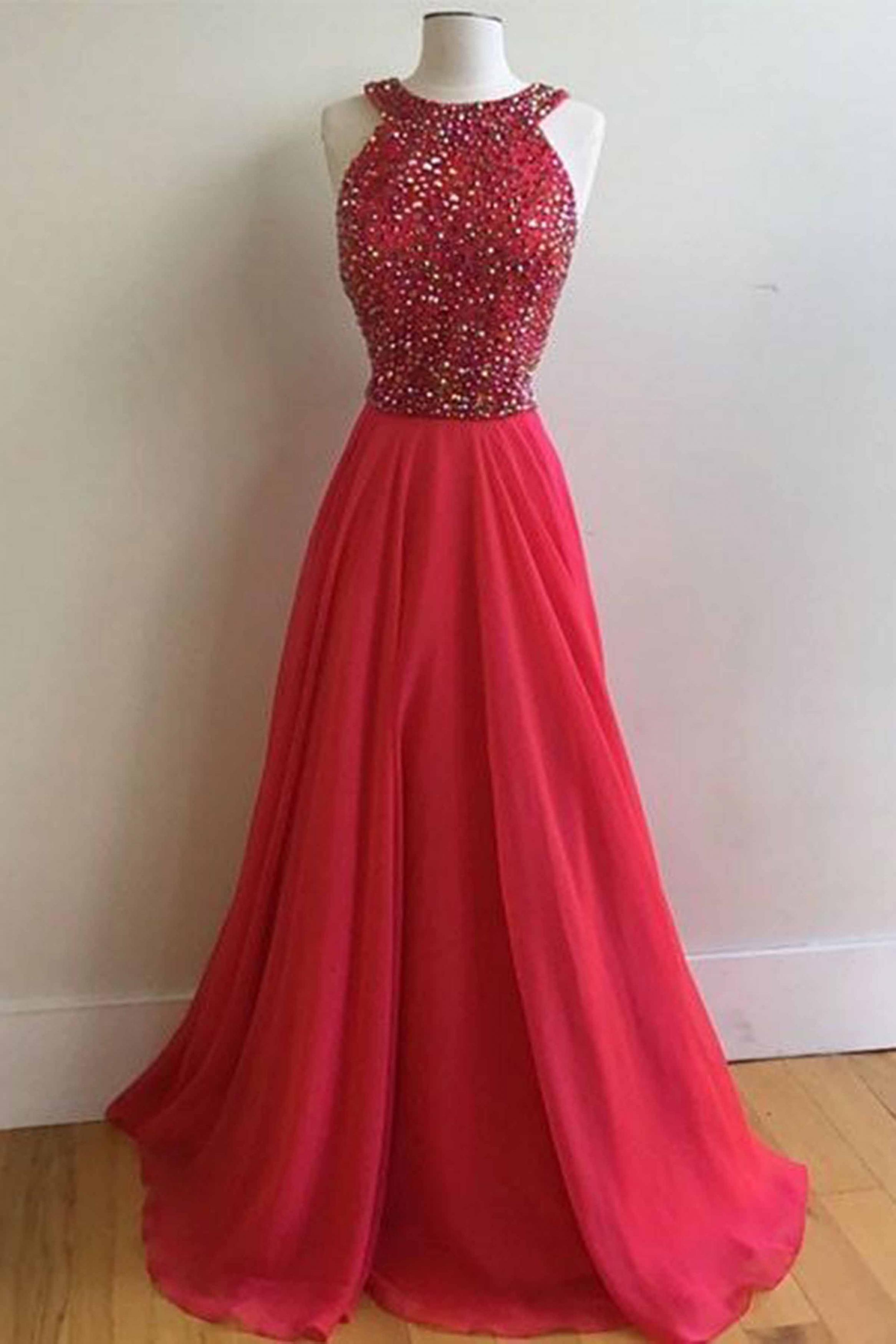 Red Chiffon Round Neck A Line Beading Prom Dresses Long Homecoming